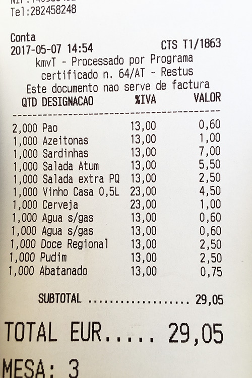 menu-receipt-alvor - Portugal Apartments